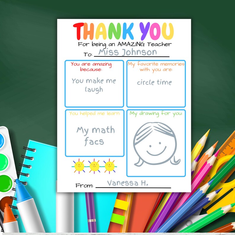 Teacher Appreciation Gift; Printable Fill in the Blank Kids Thank You ...