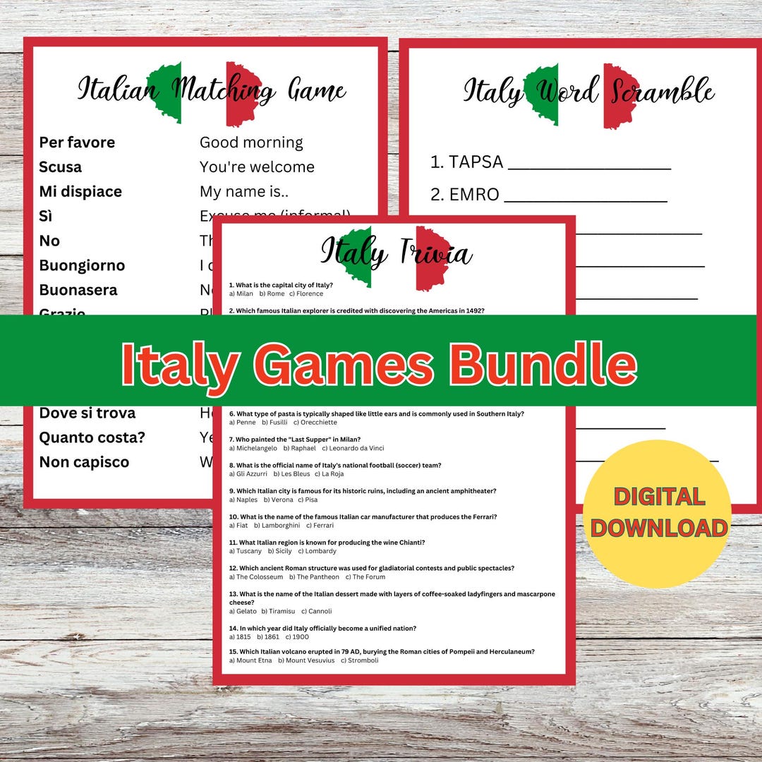 Italy Games Bundle | 3 Fun Italian Language Games (trivia, Matching ...