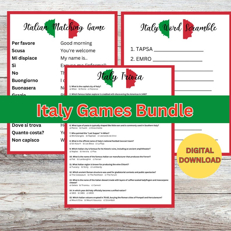 Italy Games Bundle | 3 Fun Italian Language Games (trivia, Matching ...