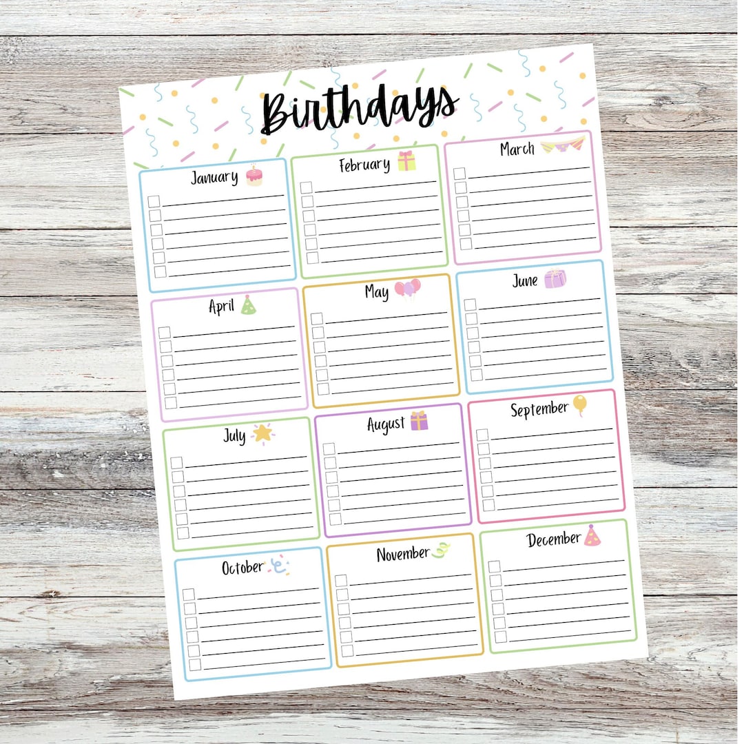 Birthday Tracker Printable; Pastel Birthday Tracker by Month, Birthday ...