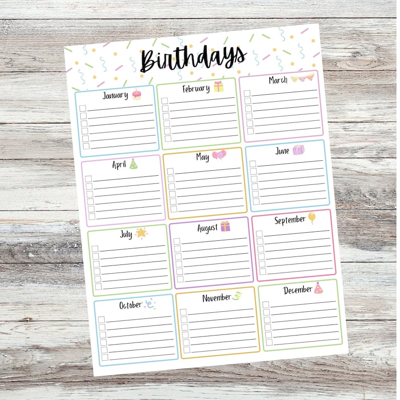 Birthday Tracker Printable; Pastel Birthday Tracker by Month, Birthday ...
