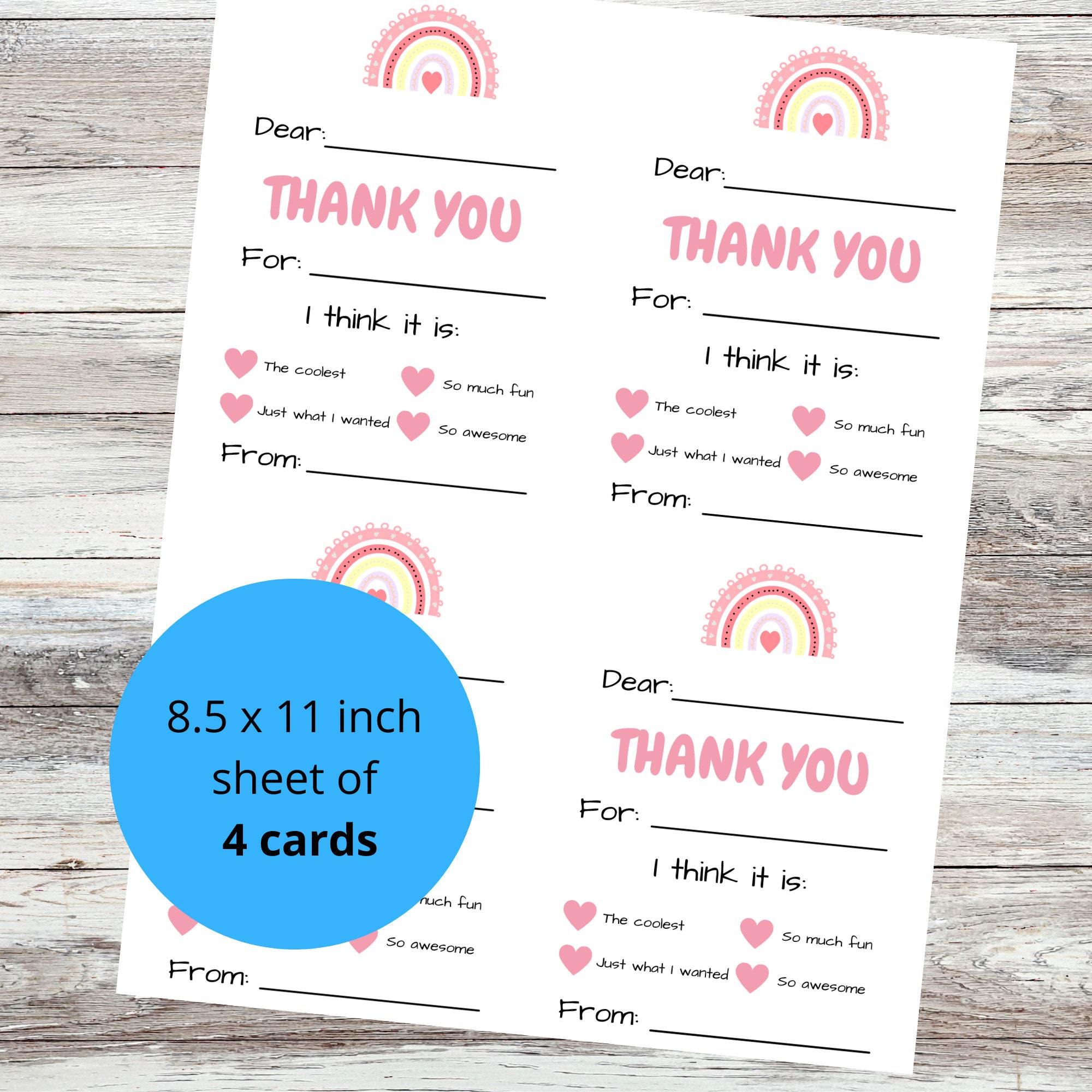 Printable Pink Kids Thank You Cards - Fillable Birthday Party Notes for ...