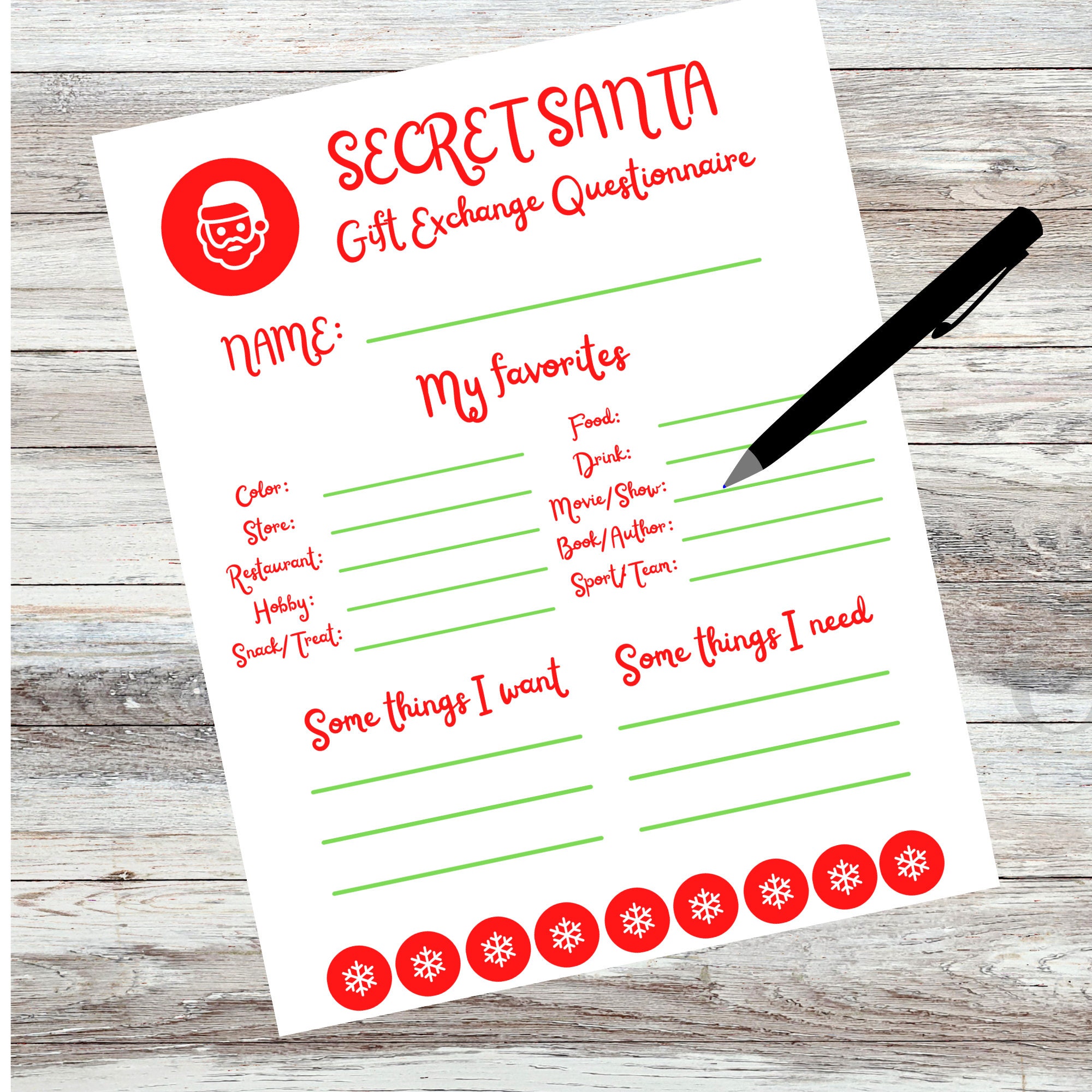 Secret Santa Gift Exchange Questionnaire, Secret Santa List, Christmas ...