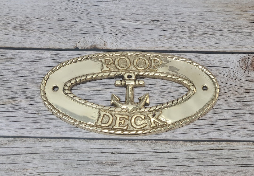 Poop Deck Sign, Golden Brass Poop Deck and Anchor, Vintage Brass Poop ...