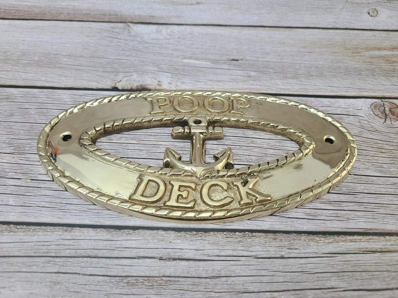 Poop Deck Sign, Golden Brass Poop Deck and Anchor, Vintage Brass Poop ...