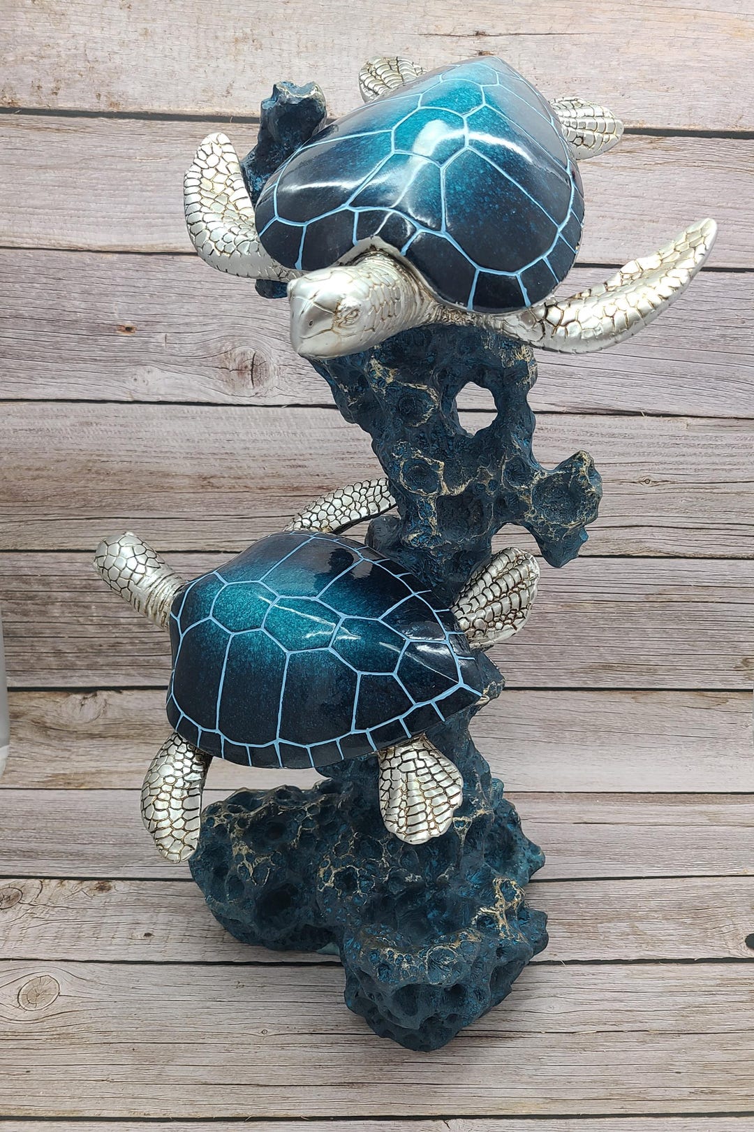Double Blue Sea Turtle on Coral Figurine, Handcrafted Blue Sea Turtles ...