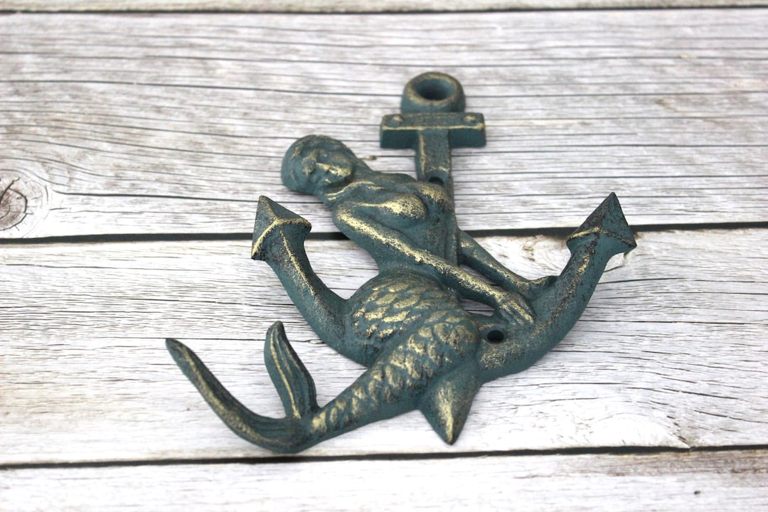 Cast Iron Mermaid and Anchor Hook: Rustic Nautical Decor - Etsy