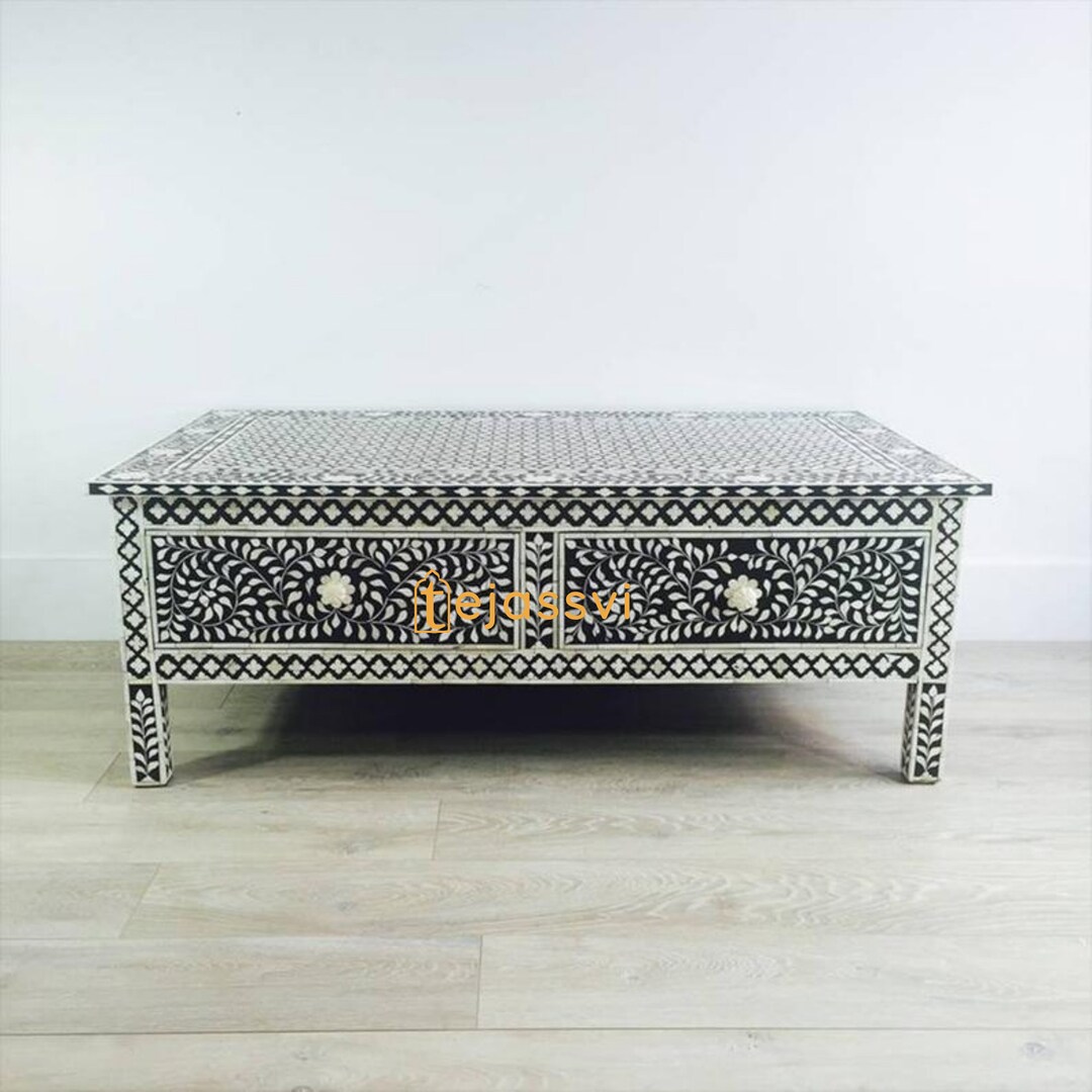 Bone Inlay 2 Drawer Coffee Table, Bone Inlay Table, Floral Design ...