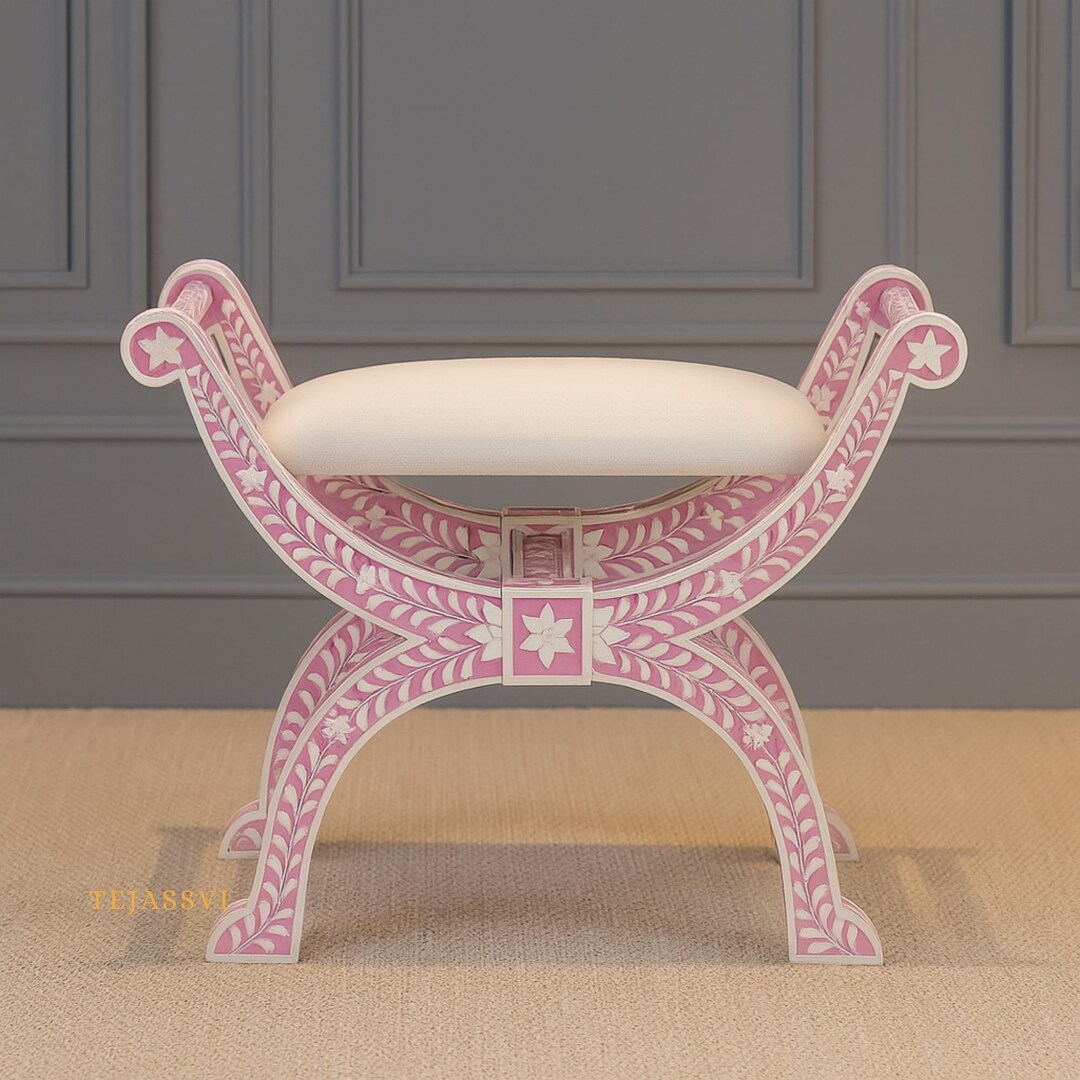 HANDMADE BONE INLAY Floral Pink Jenny Stool | Bone Inlay Chair | Modern ...