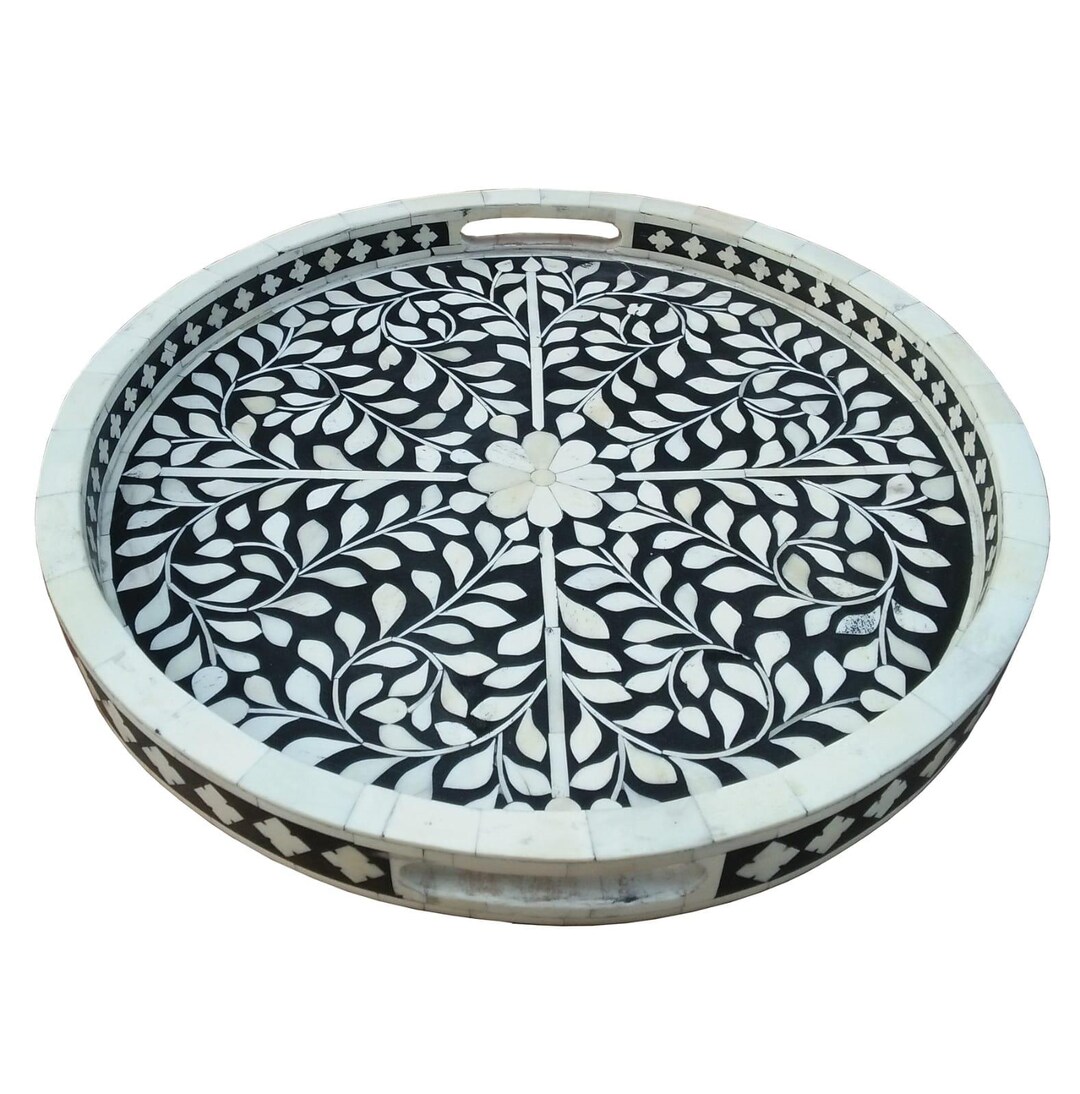 Handmade Round Bone Inlaid Tray Floral Design Blue, Blue Bone Inlaid ...