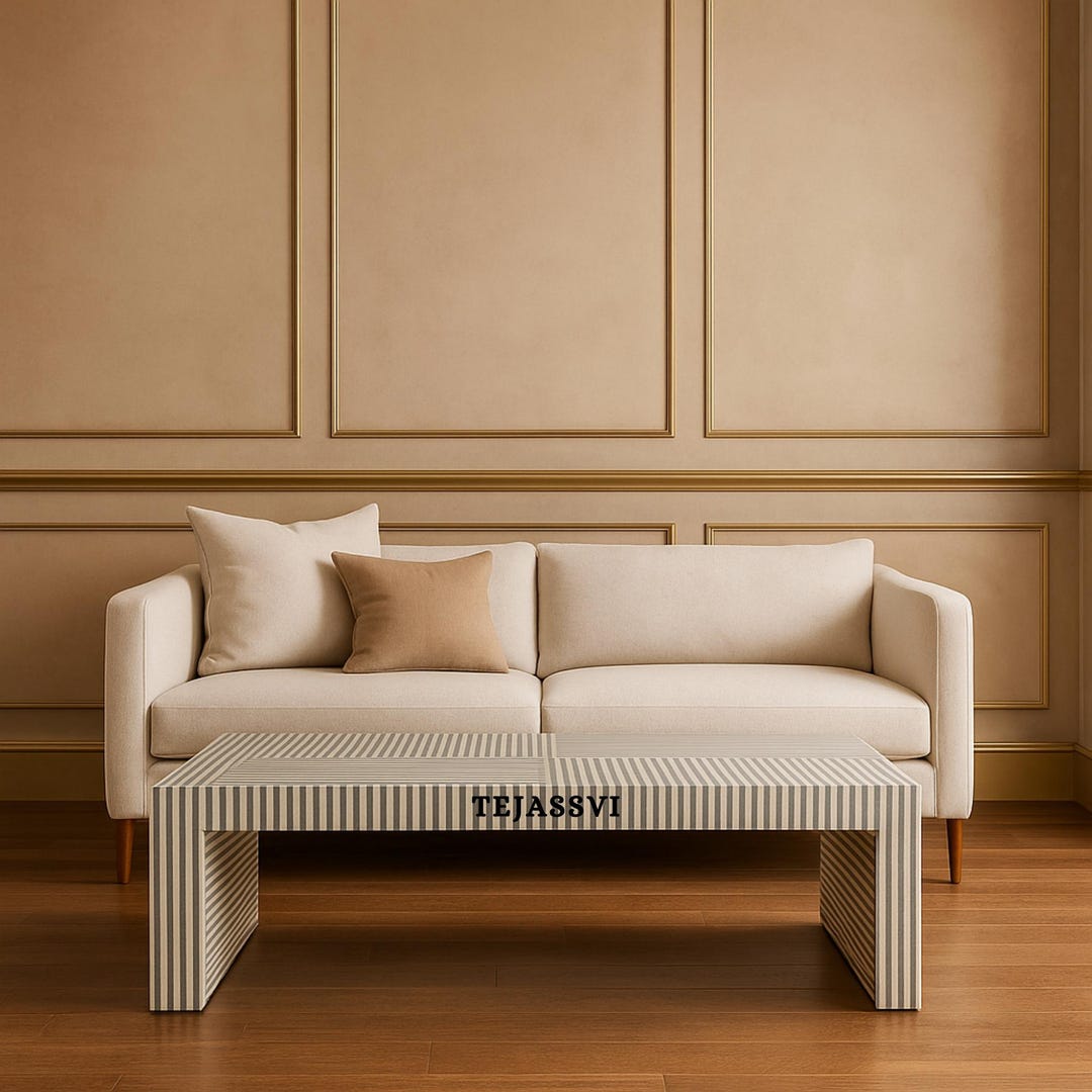 Wooden Coffee Table/bone Inlay Wooden Modern Striped Pattern Coffee ...