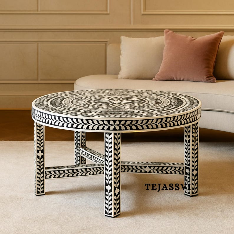 Bone Inlay Round Coffee Table / Centre Table / Bone Inlay Floral Design ...