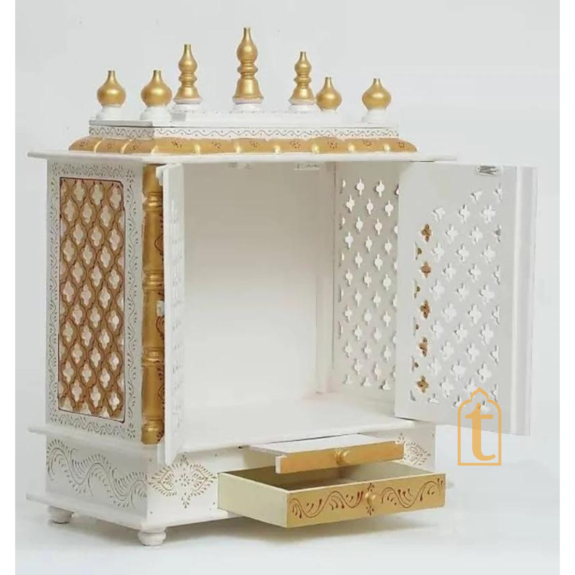 Golden WOODEN TEMPLE Pooja MANDIR With Doors for Home Office Prayer ...