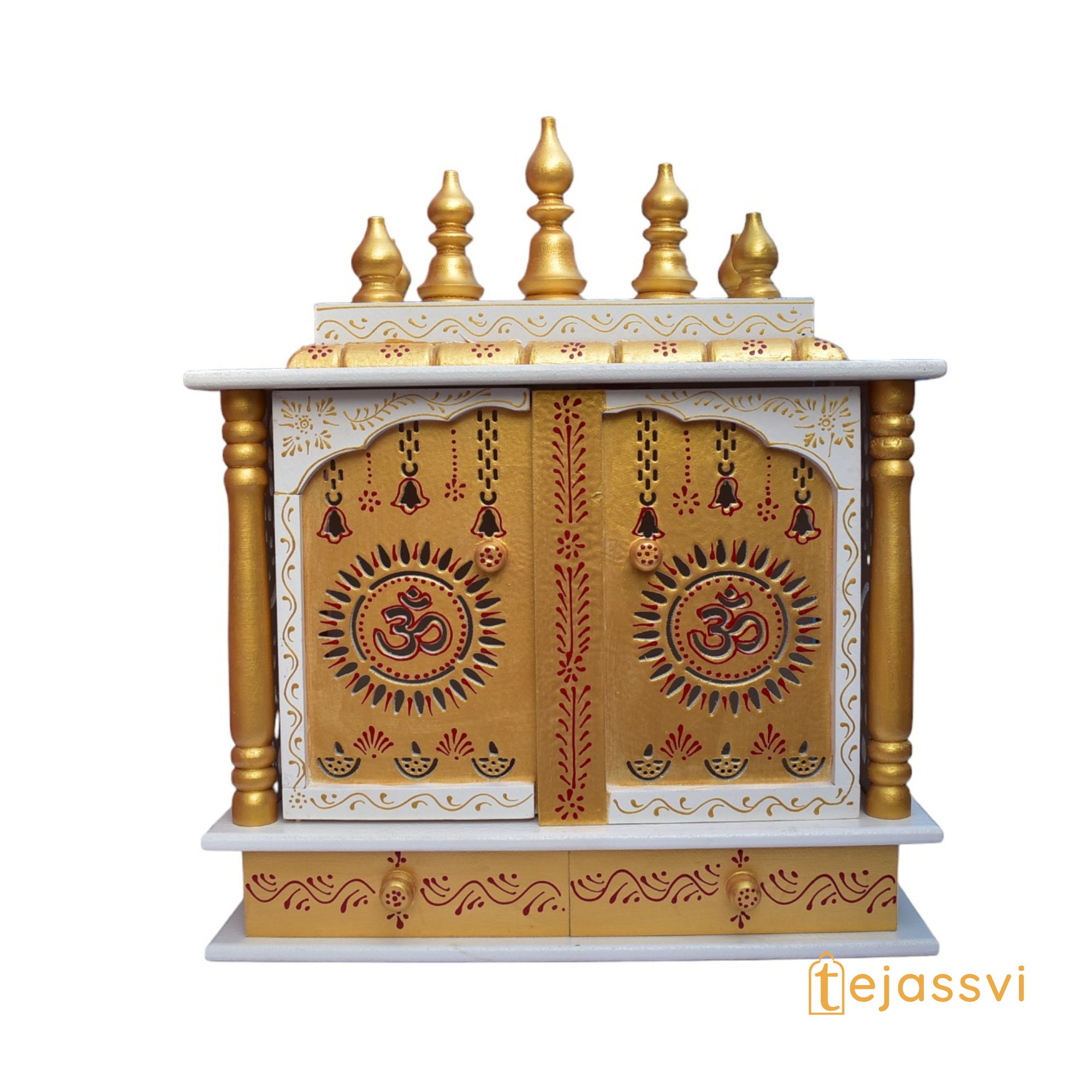 Golden WOODEN TEMPLE Pooja MANDIR With Doors for Home Office Prayer ...