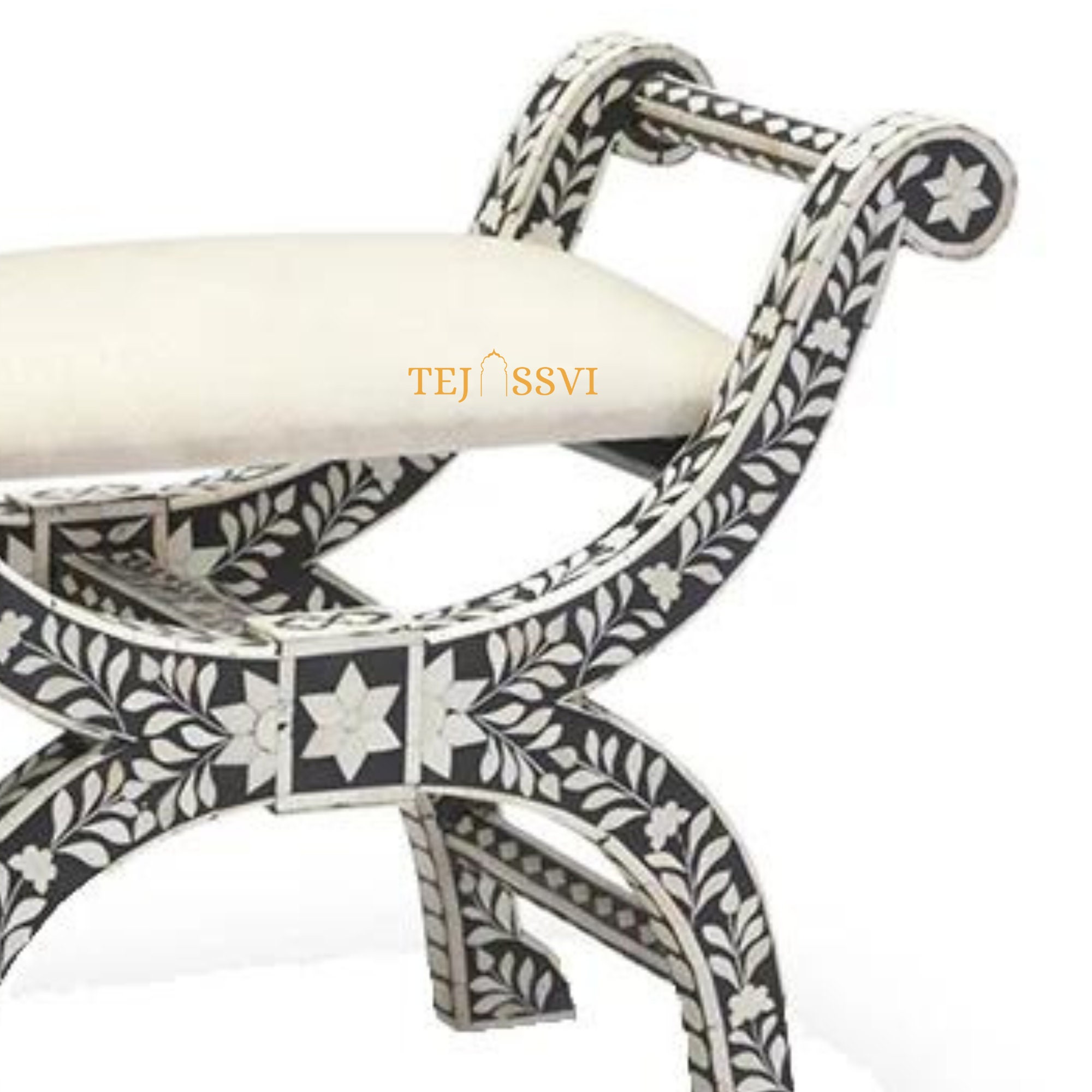 Handmade Bone Inlay Jenny Stool / Bone Inlay Floral Black Jenny Chair ...