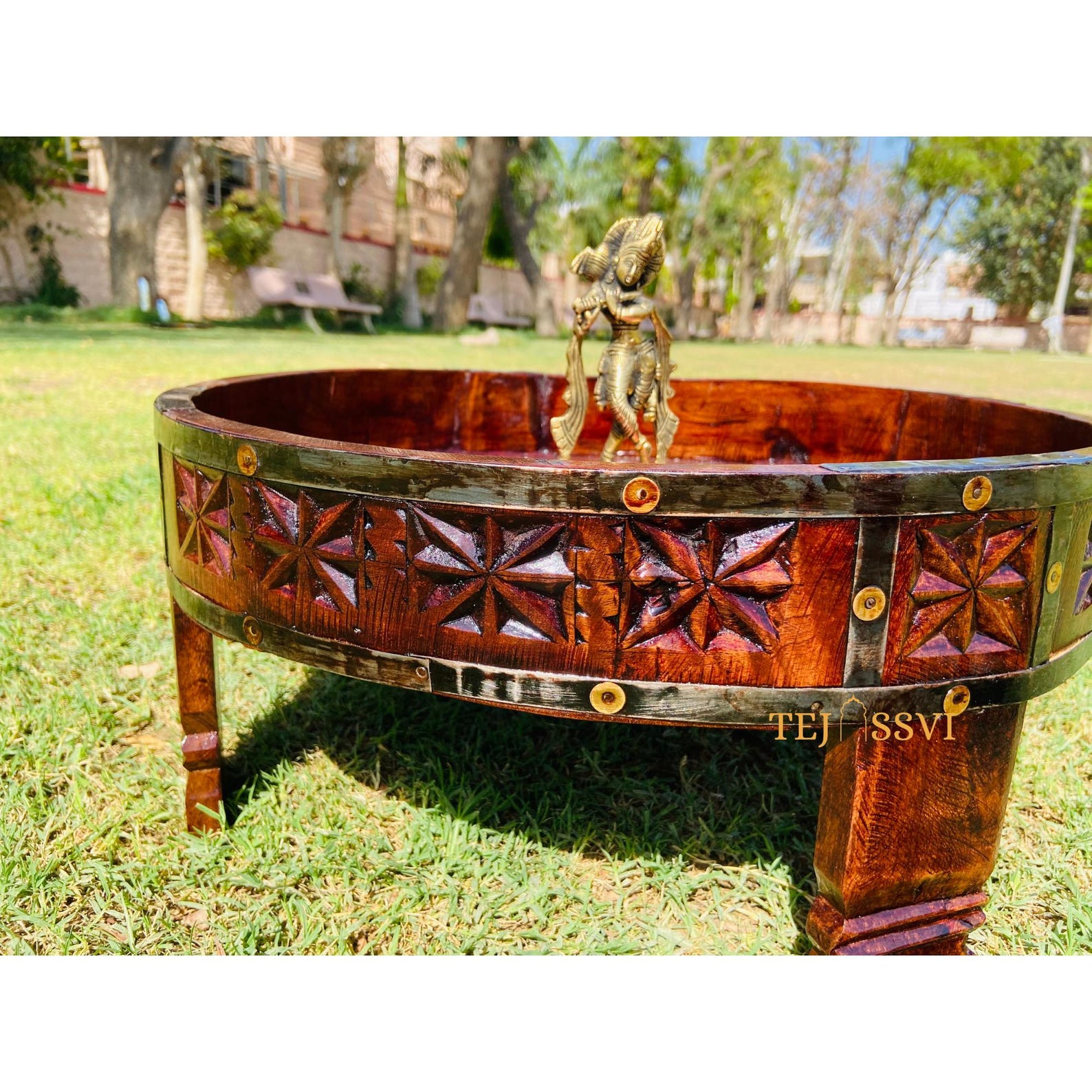 Wooden Coffee Table Natural Hand Made Carved Round Indian Grinder Table ...