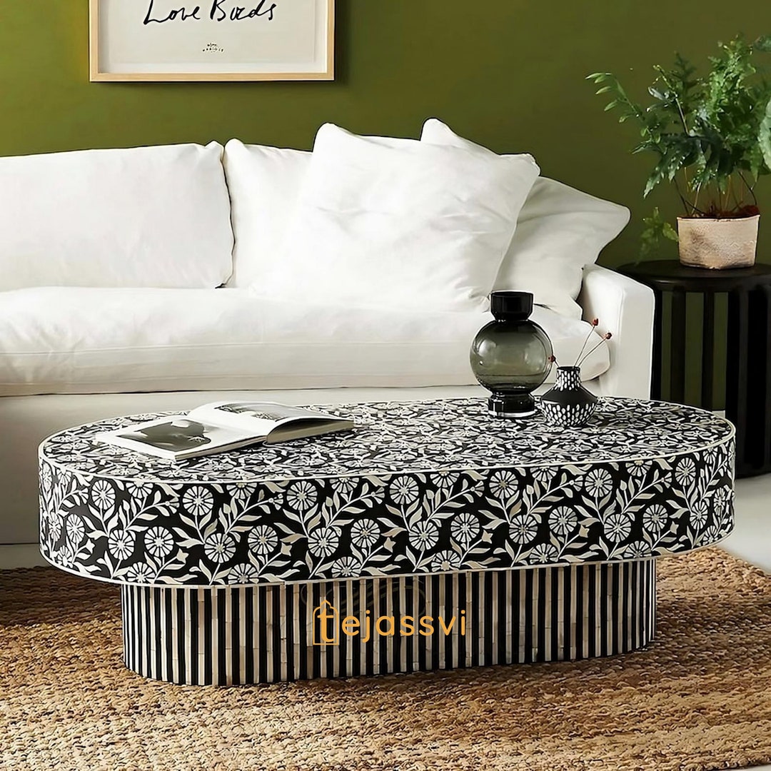 Wooden Coffee Table/handmade Bone Inlay Oval Shape Coffee Table/center ...