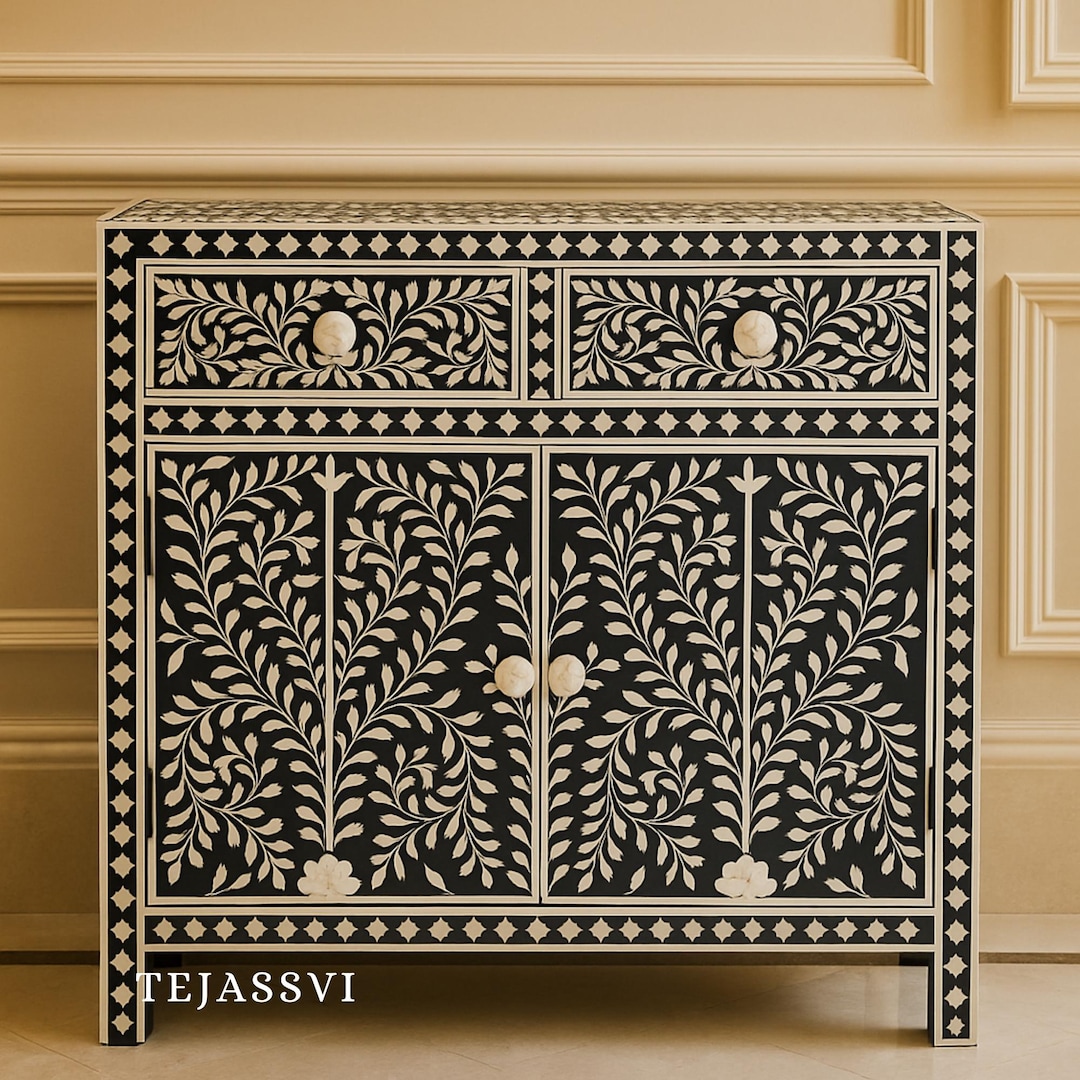 Bone Inlay Floral Design Entryway Cabinet | Bone Inlay 2 Drawer Cabinet ...