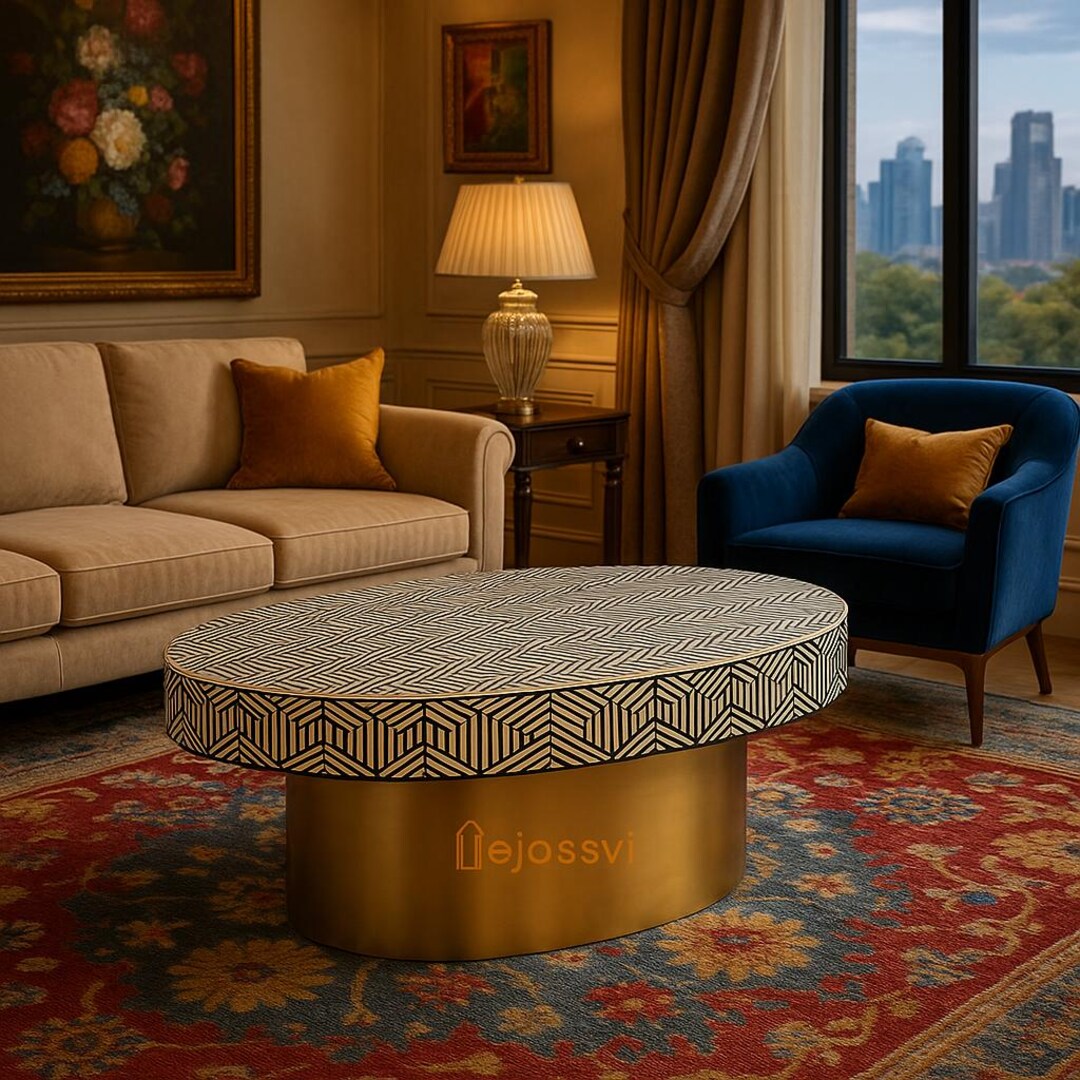 Wooden Oval Shape Coffee Table, BONE INLAY TABLE, Oval Shape Coffee ...