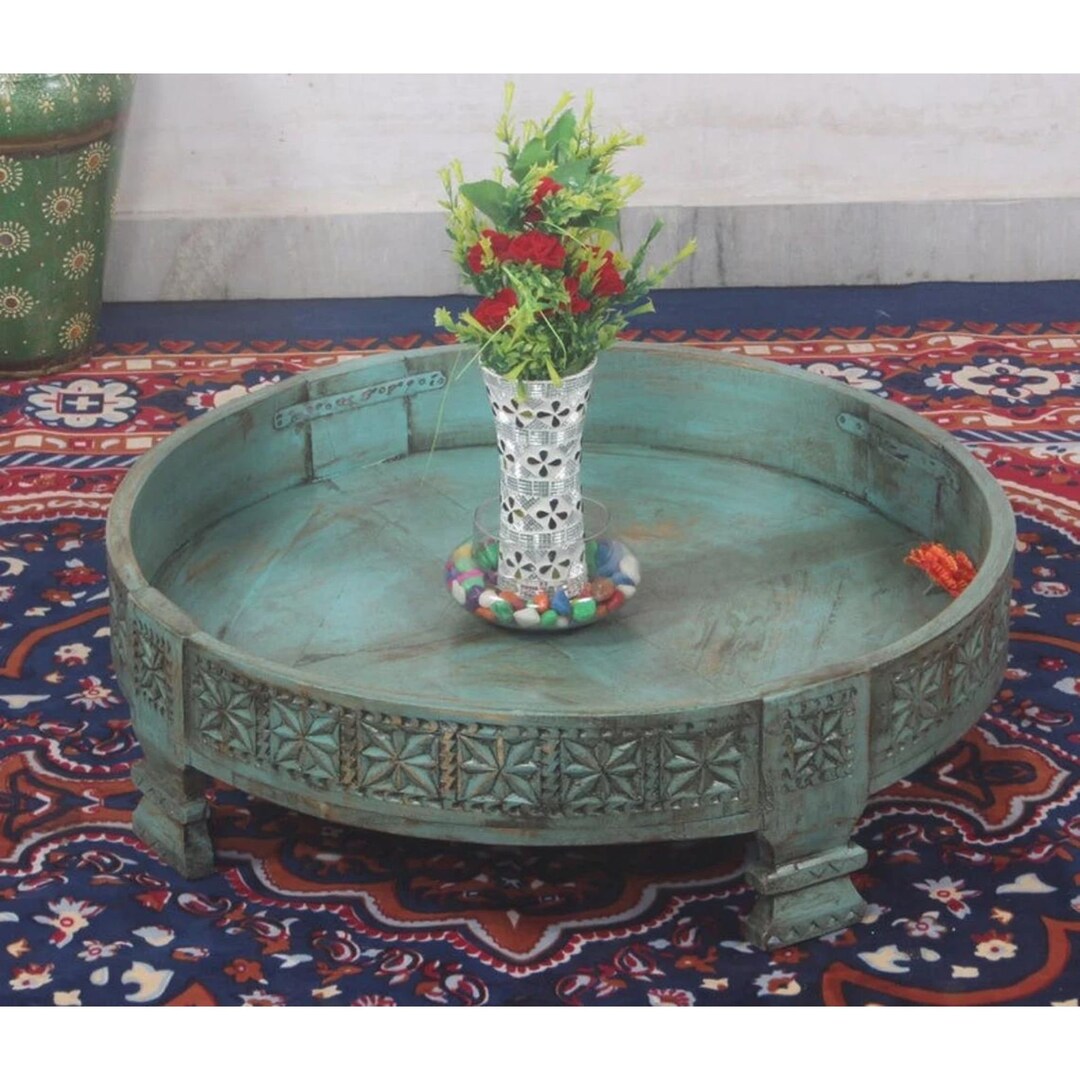 Wood Flower Hand Painted Round Chakki Table ,coffee Table, Wood Side ...