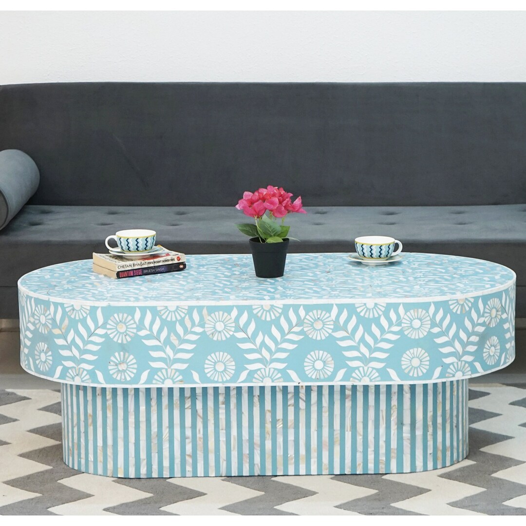 Bone Inlay Oval Coffee Table / Centre Table / Bone Inlay Floral Design ...