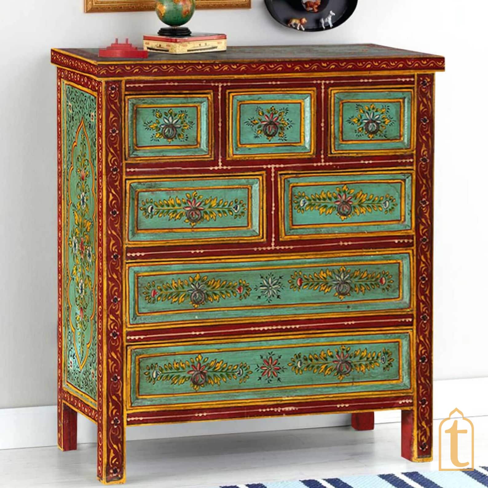 Indian Hand Painted Green Garden Mango Wood Chest of 7 - Etsy