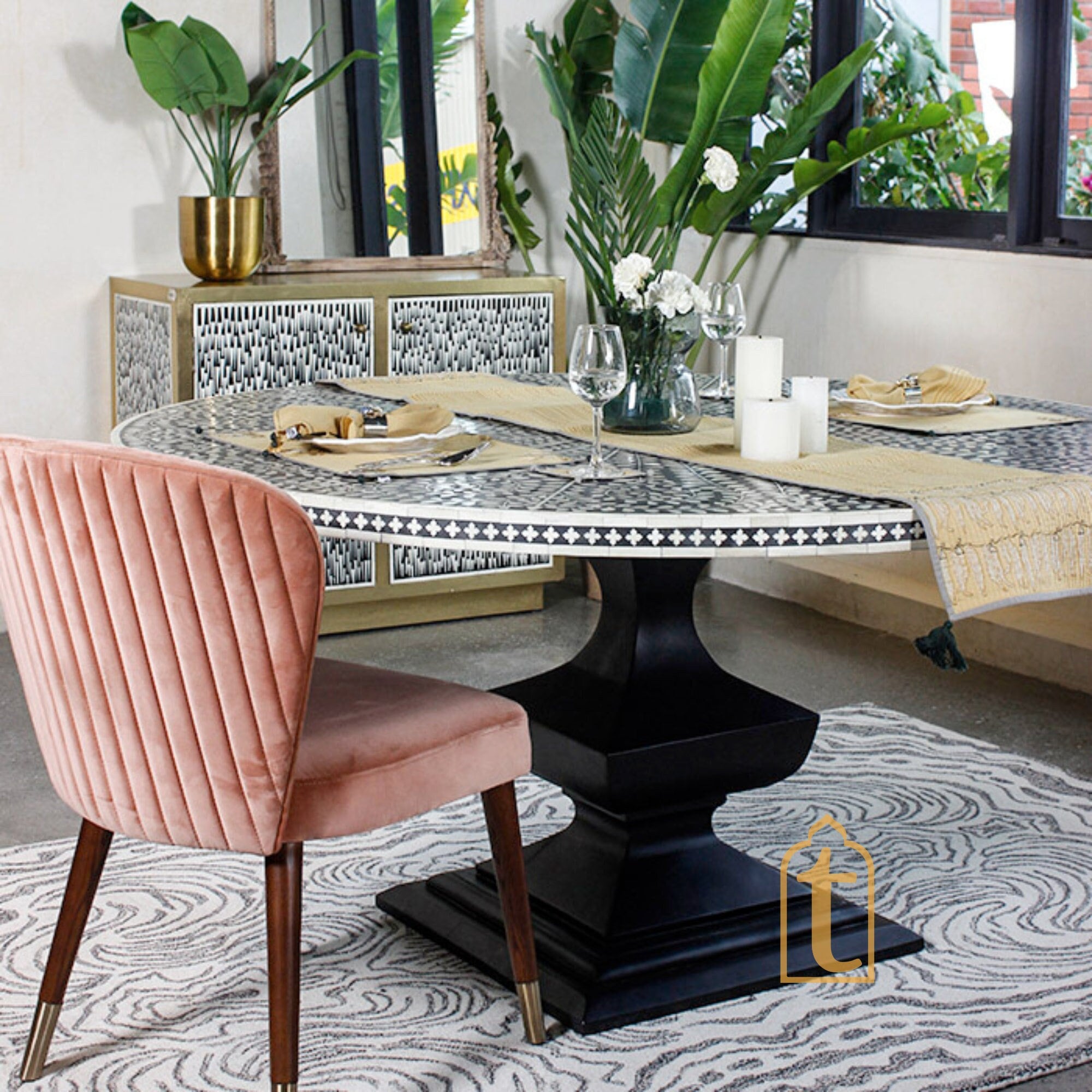 Bone Inlay Dining Table Modern Floral Pattern Bone Inlay - Etsy