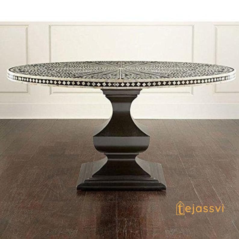 Handmade Bone Inlay Dining Table Modern Floral Pattern Bone Inlay Round ...