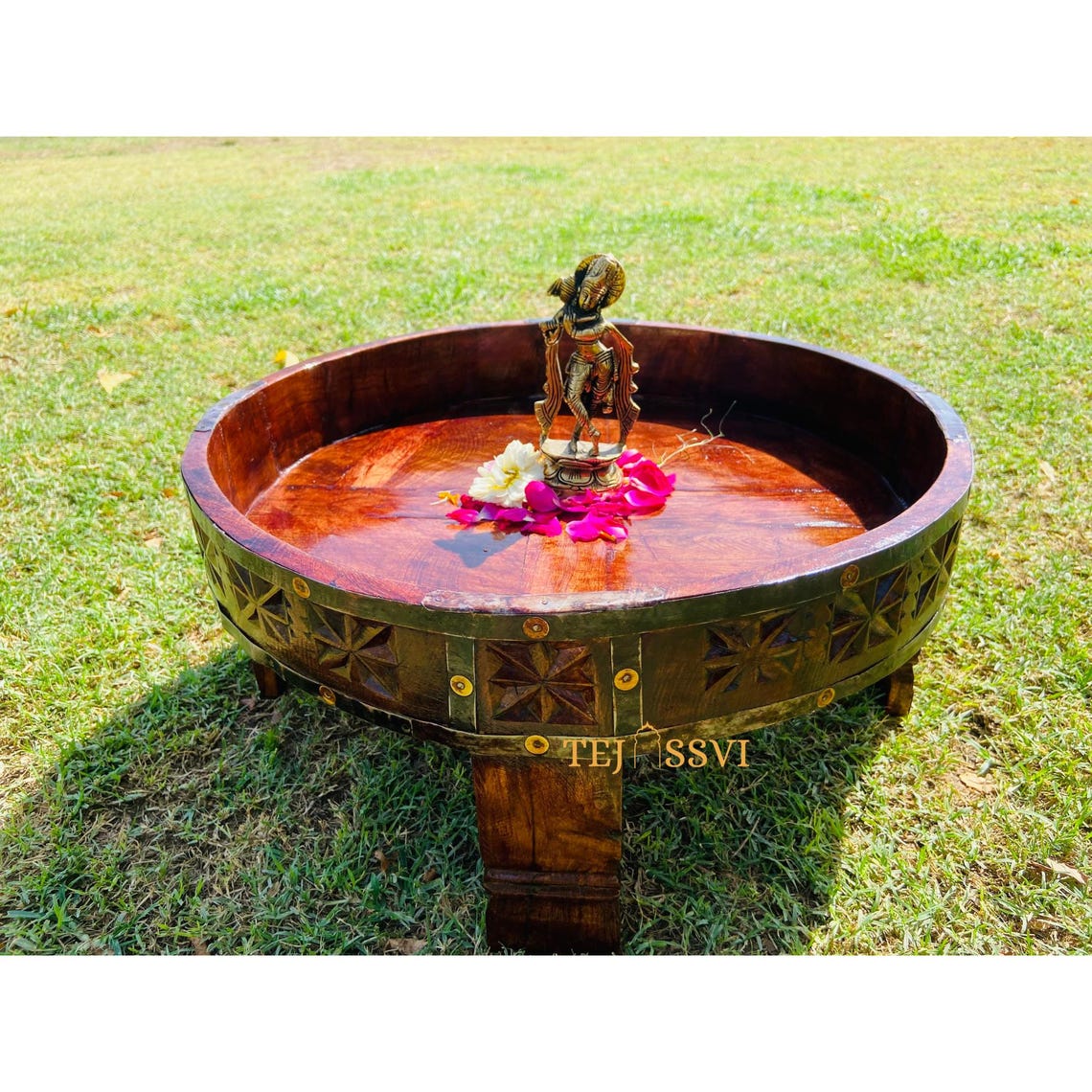Wooden Coffee Table Natural Hand Made Carved Round Indian Grinder Table ...