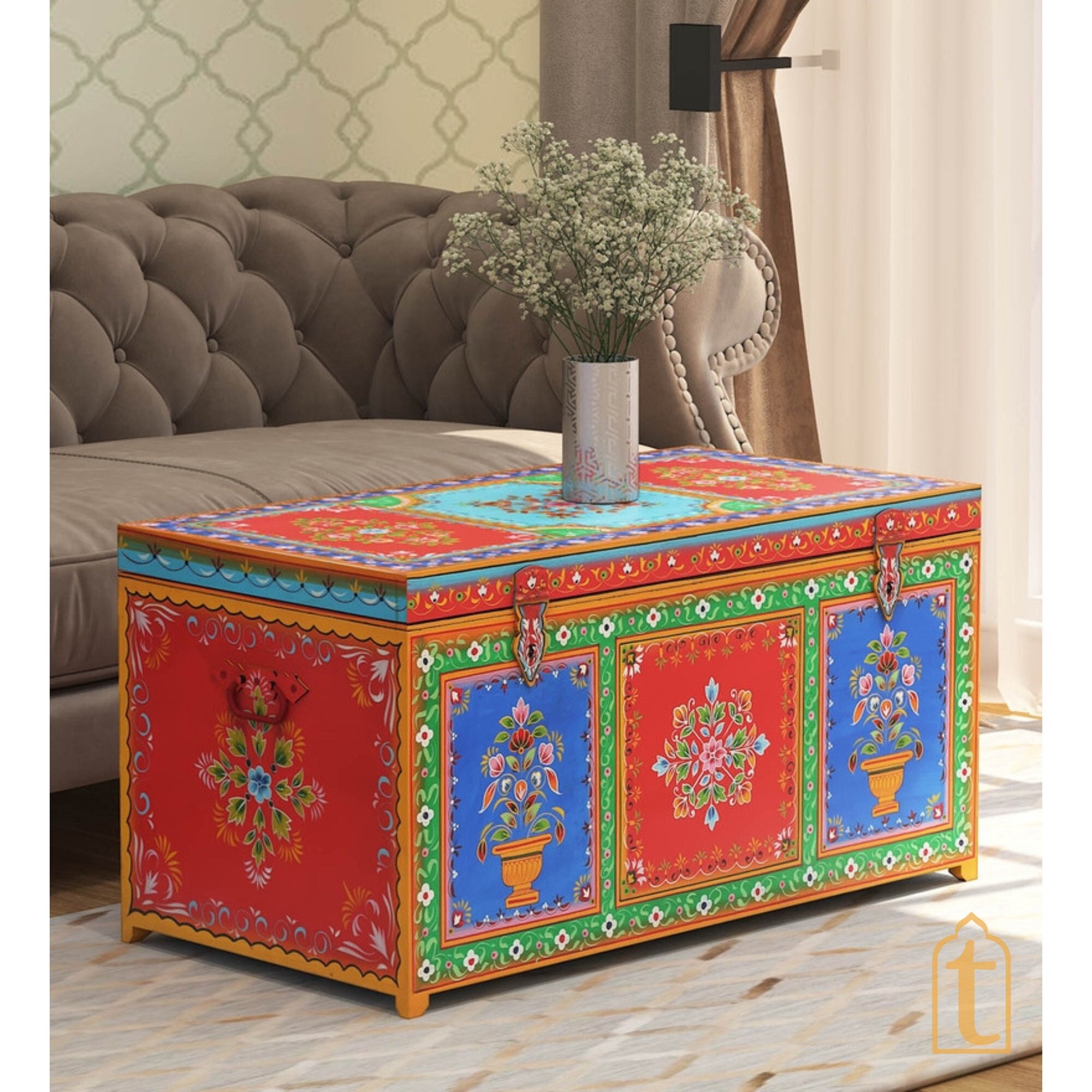 Indian Hand Painted Solid Wood Hand-painted Trunk - Etsy