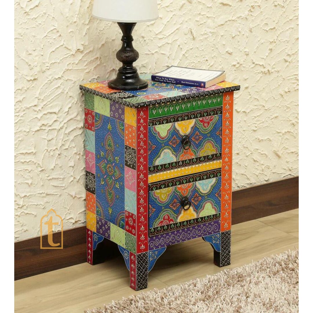Indian Hand Painted Wooden Chest Drawers, Side Table /chest of Drawer ...