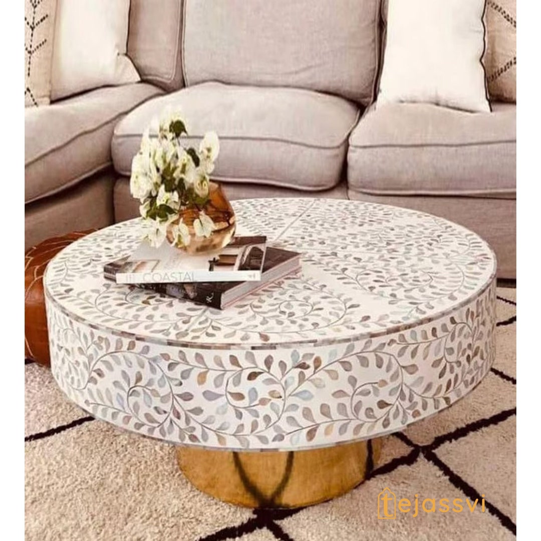 Round Coffee Table, Mother of Pearl INLAY TABLE, Floral Design Centre ...