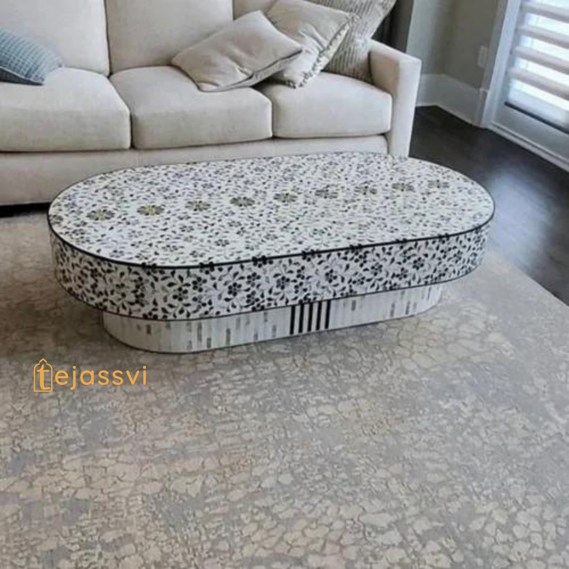 Oval Coffee Table Mother of Pearl INLAY TABLE Floral Design - Etsy