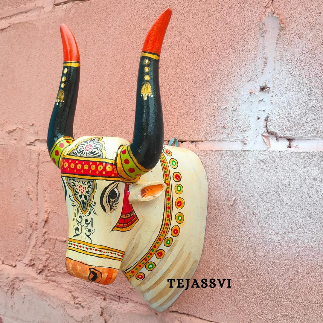 Wooden Bull Head | Bull | Nandi Head Mask Wall Décor / Wooden Wall ...
