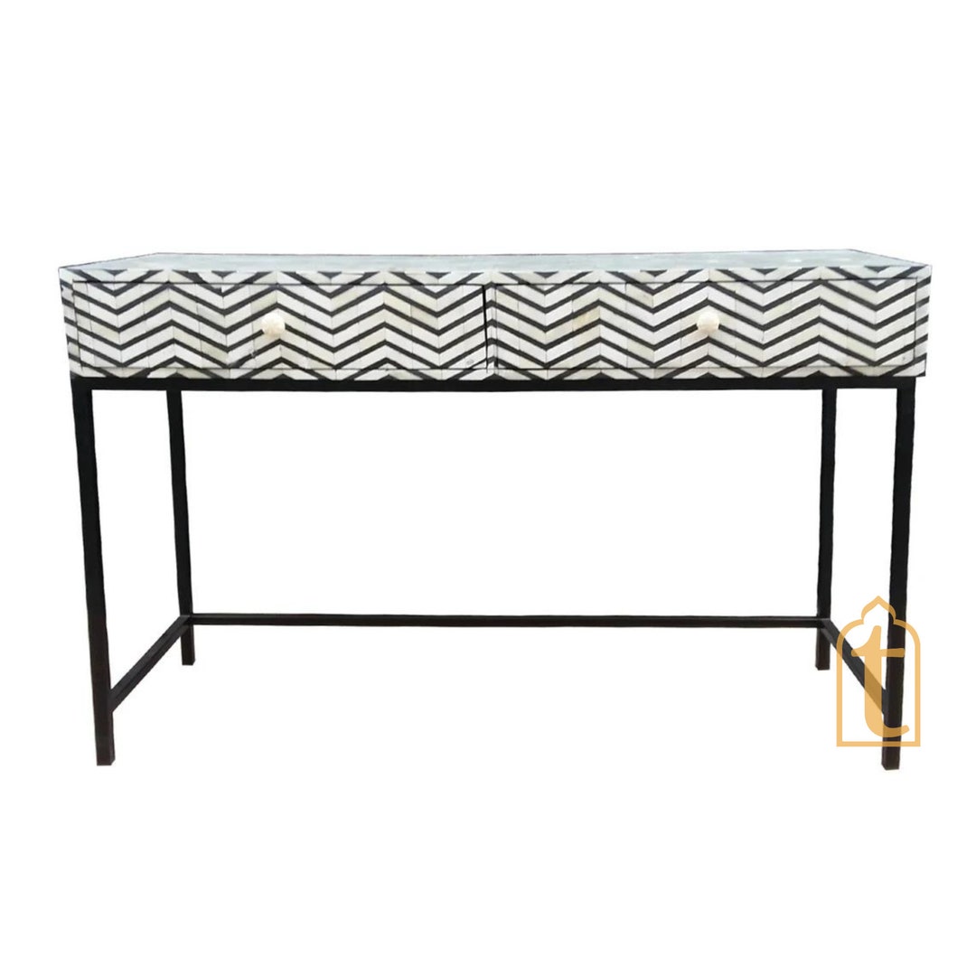 Handmade Bone Inlay 2 Drawer Console Table | Study Table | Black &white Thin Zig Zag, Side Table ...
