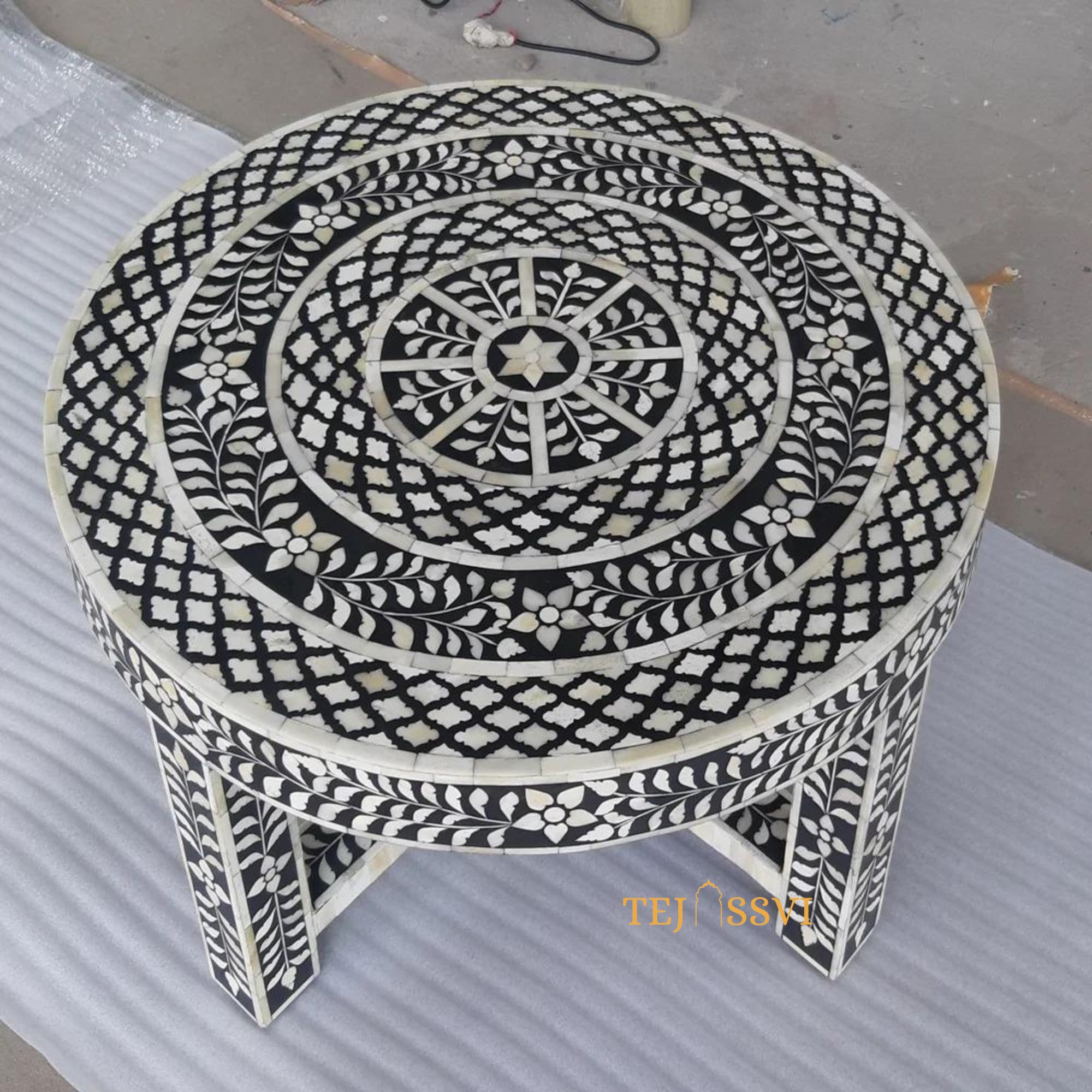 Bone Inlay Round Coffee Table / Centre Table / Bone Inlay Floral Design ...