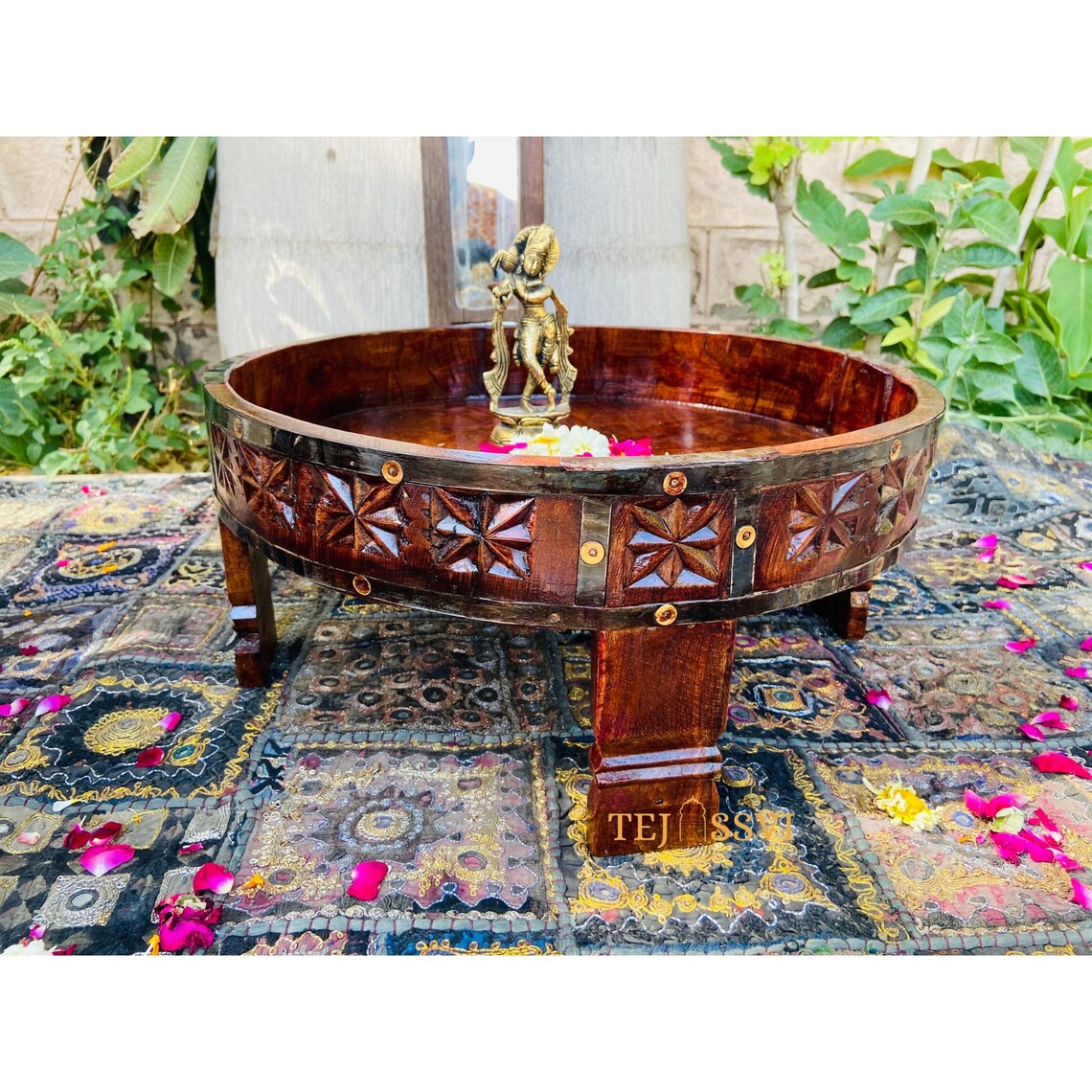 Wooden Coffee Table Natural Hand Made Carved Round Indian Grinder Table ...