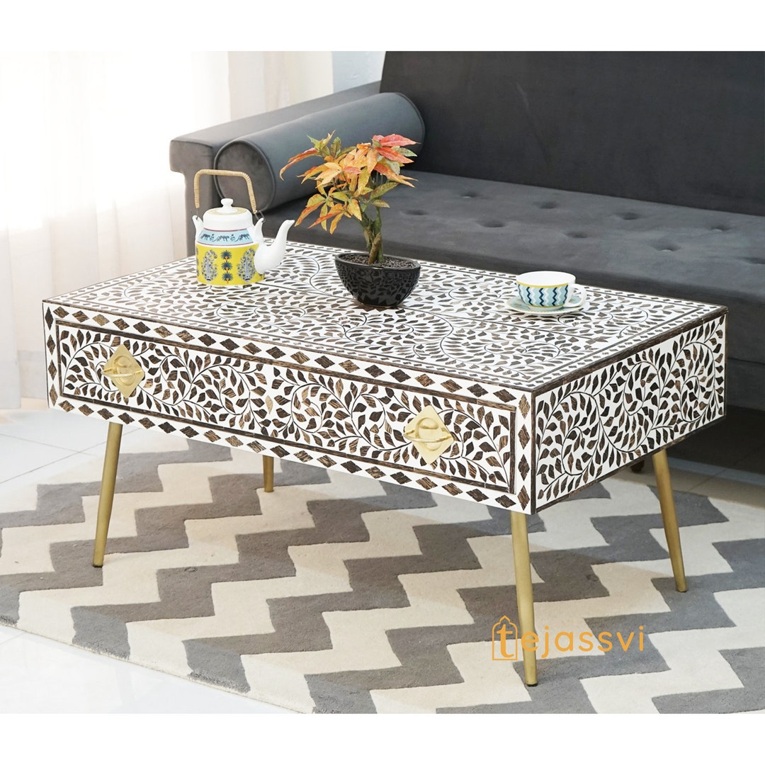 Handmade Wooden Coffee Table With Storage, Wood Inlay Table, Floral ...
