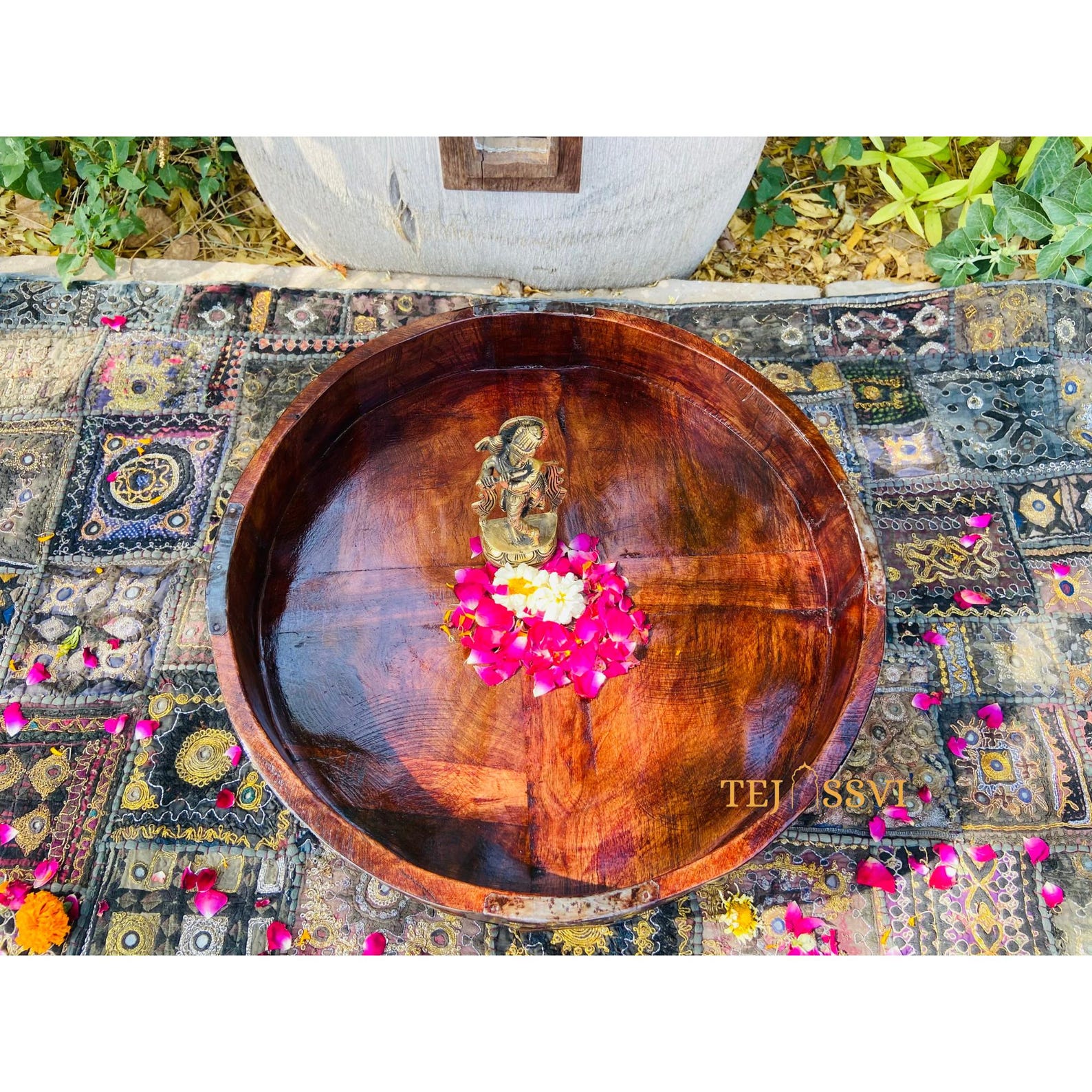 Wooden Coffee Table Natural Hand Made Carved Round Indian Grinder Table ...