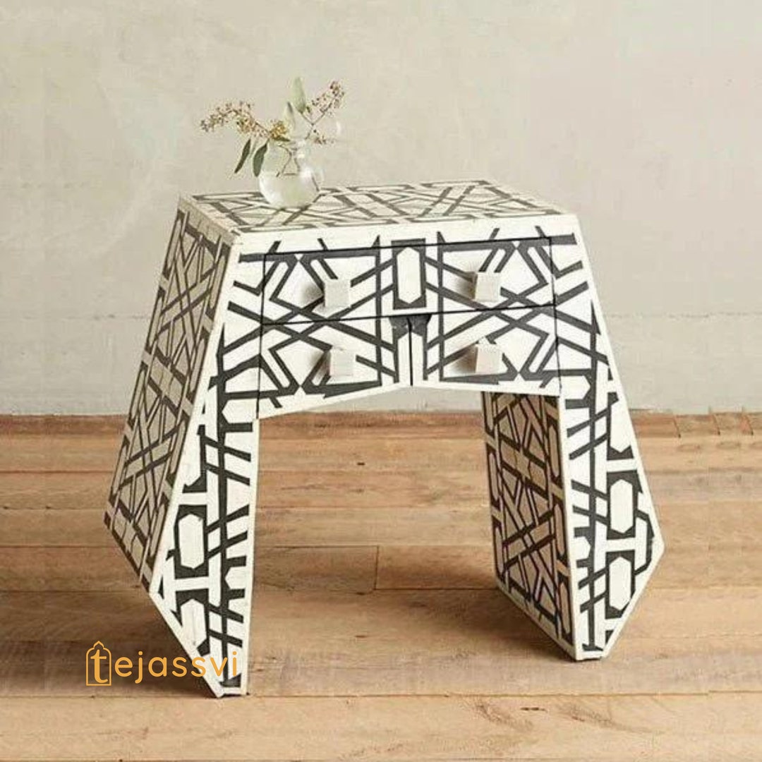 Bone Inlay Side Table / Geometric Nightstand Black & White Modern ...