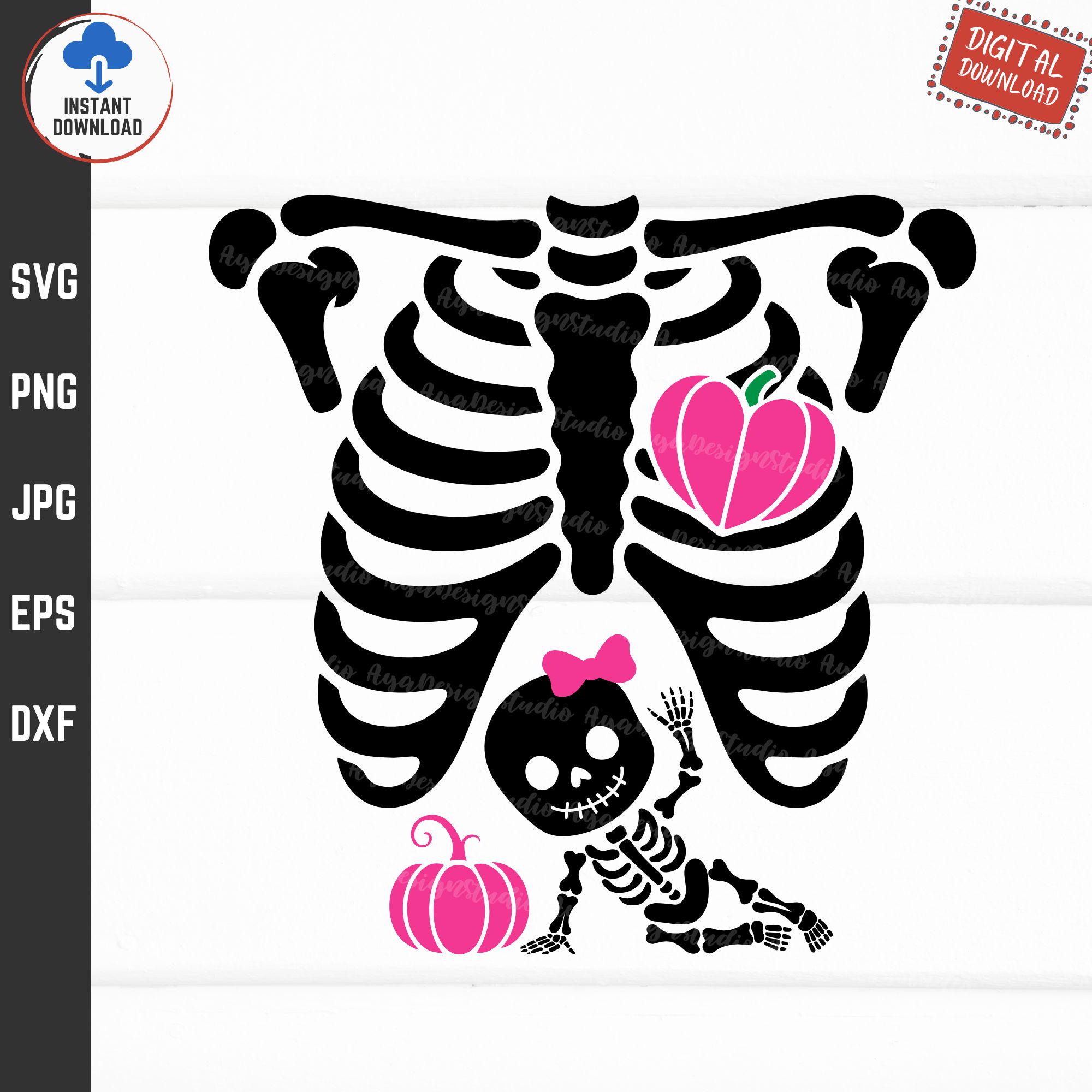 Halloween Pregnant Skeleton Pumpkins Girl Bow Svg, Halloween Baby Bump ...