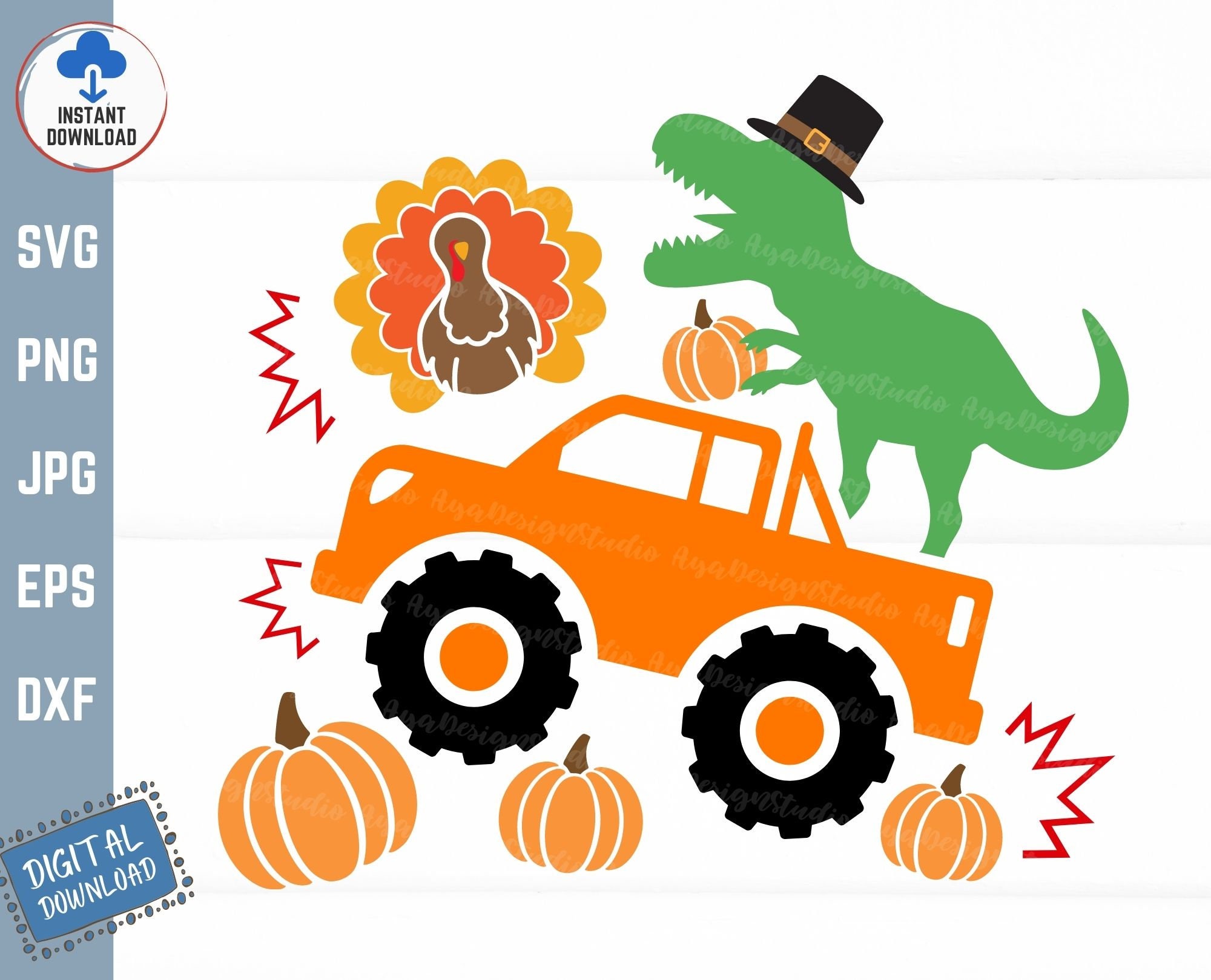 Turkey and Dinosaur Monster Truck Thanksgiving Svg, Thanksgiving ...