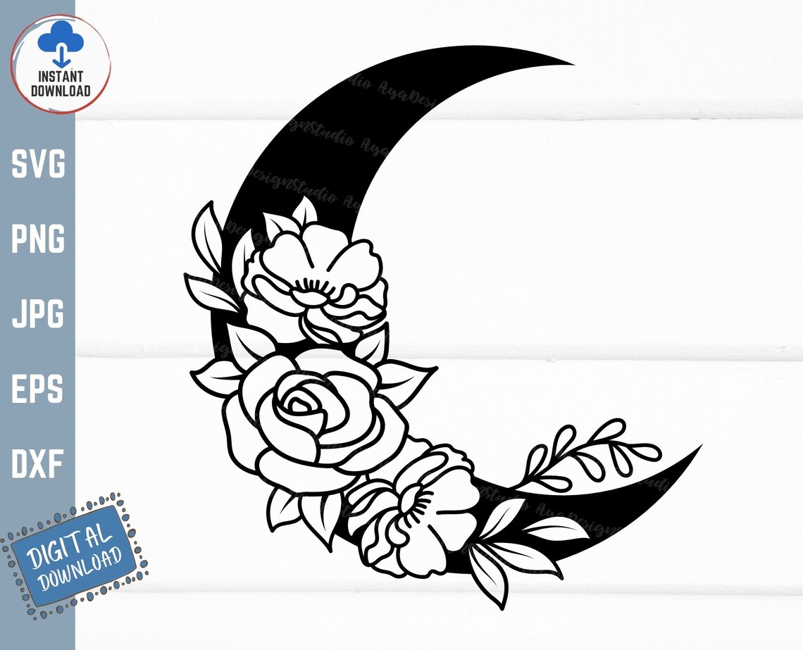 Floral Moon Svg Moon With Flower Svg Flower Half Moon Svg | Etsy