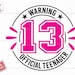 Warning 13 Official Teenager Svg, 13th Birthday Girl Svg, Warning ...