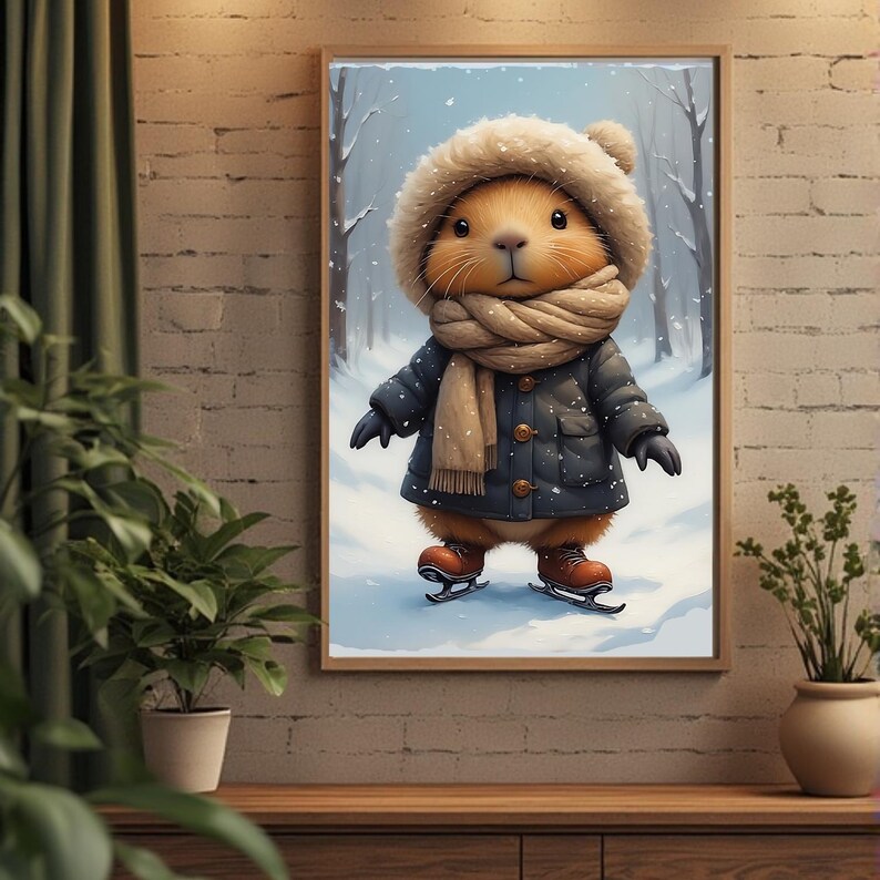 Capybara Wall Art, Capybara Ice Skating, Christmas Gift, Cute Capybara ...