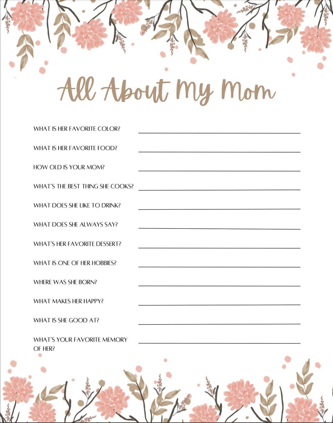 All About My Mom Mother's Day Survey - Etsy