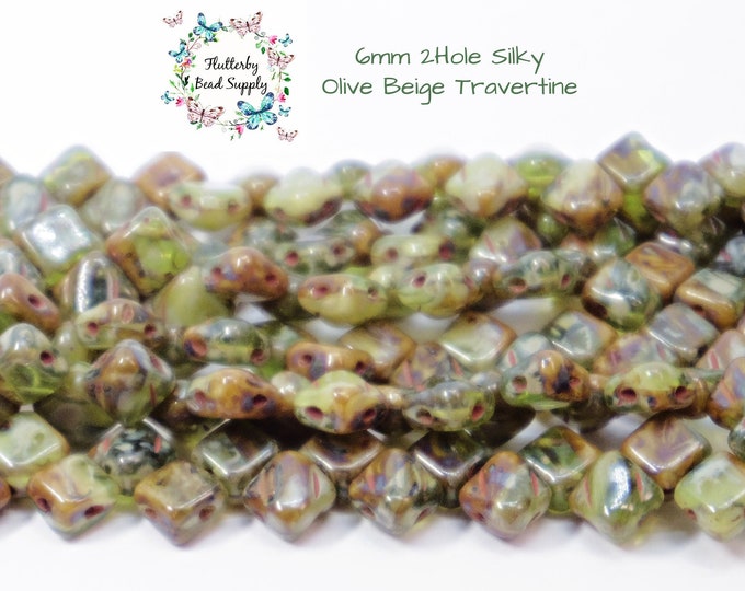 6mm SILKY Olive Beige Travertine Two Hole Beads (40pc), DIY Jewelry 2 ...