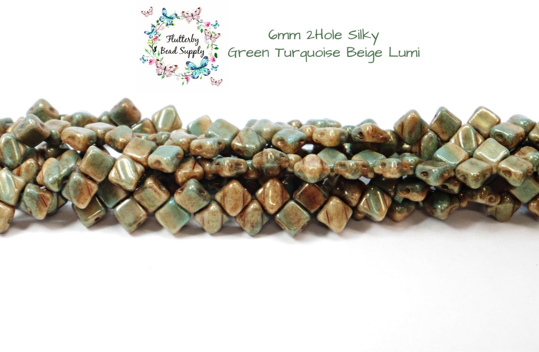 6mm SILKY Green Turquoise Beige Lumi Two Hole Beads 40pc, DIY Jewelry 2 ...