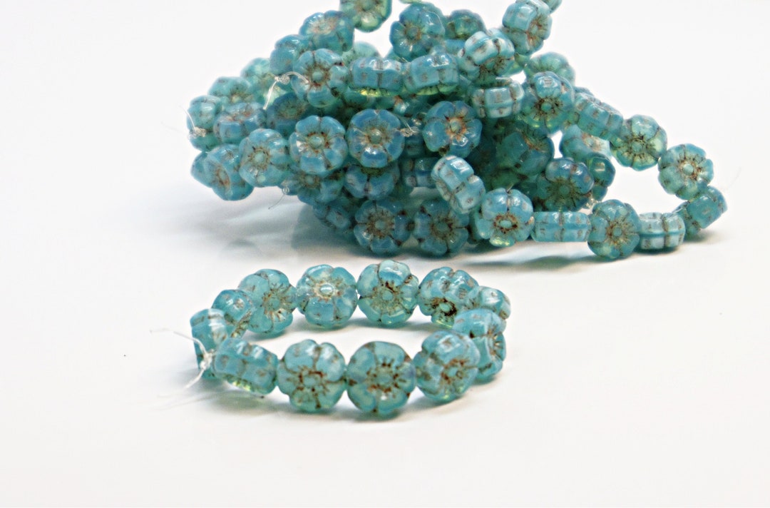 12pc Aqua Blue Opaline W/ Antiqued Finish 7mm Small Hibiscus - Etsy