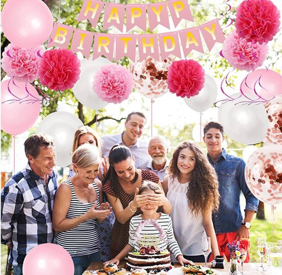 Pink Happy Birthday Decoration Set Balloons Banner Bunting | Etsy